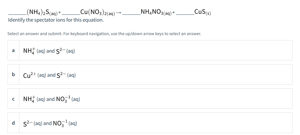 Solved (NH4)2 S(aq)+ Cu(NO3)2(aq)→ NH4NO3(aq)+ CuS(s) | Chegg.com