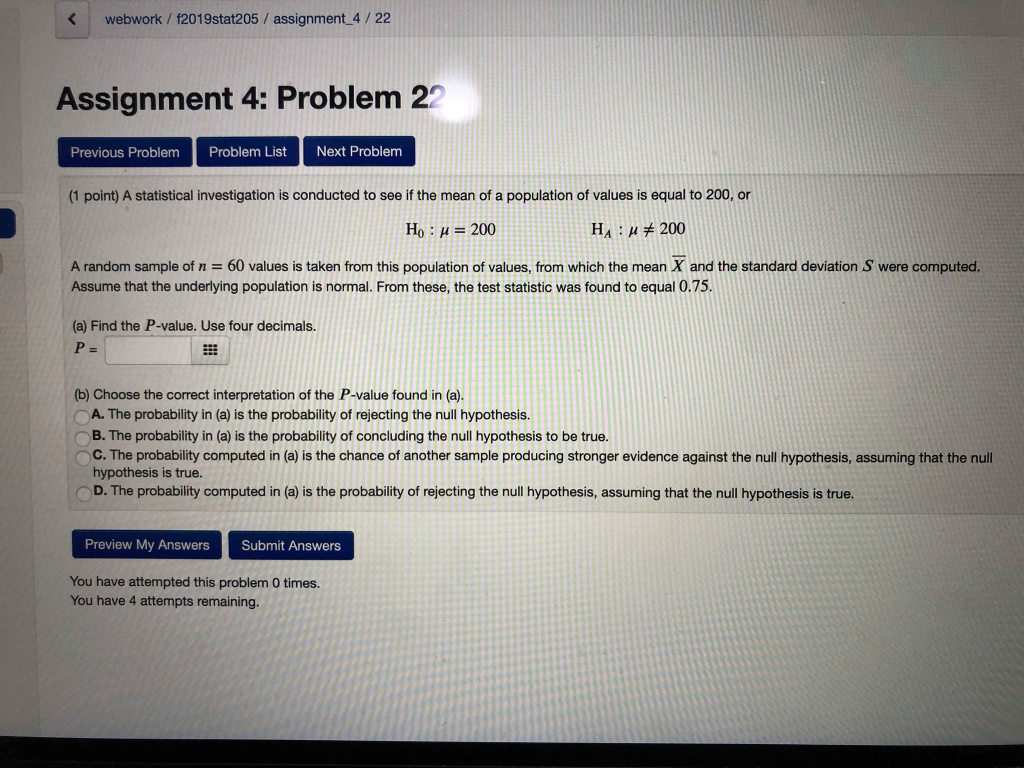 Solved webwork /f2019stat205/ assignment 4/22 Assignment 4: | Chegg.com