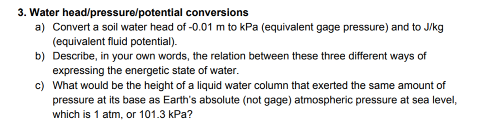 Solved 3. Water head/pressure/potential conversions a) | Chegg.com