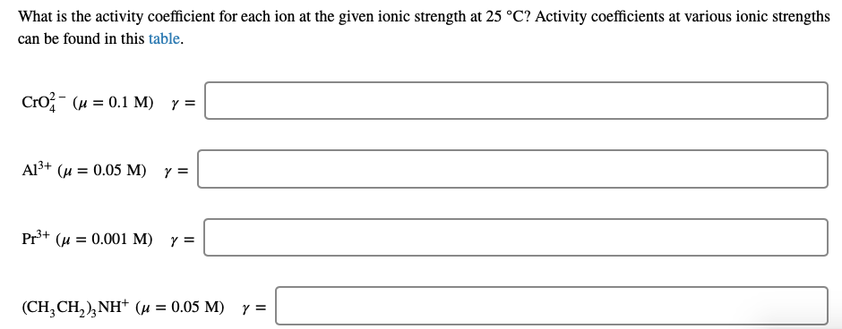 Solved What is the activity coefficient for each ion at the | Chegg.com