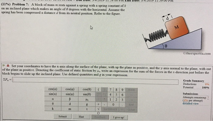 Solved (1196) Problem 7: A block of mass m rests against a | Chegg.com