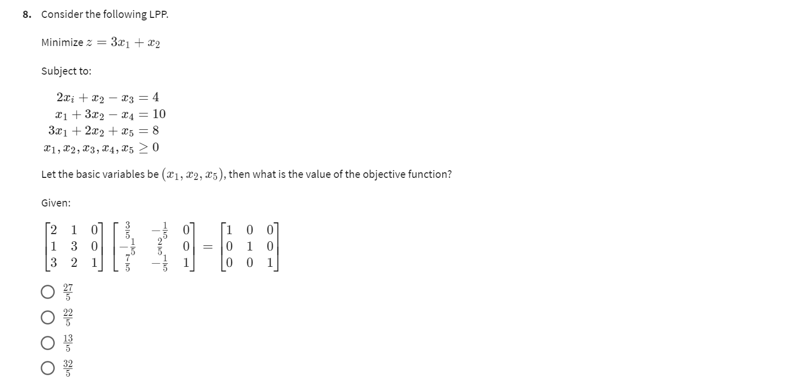 Solved 8. Consider the following LPP. Minimize z=3x1+x2 | Chegg.com