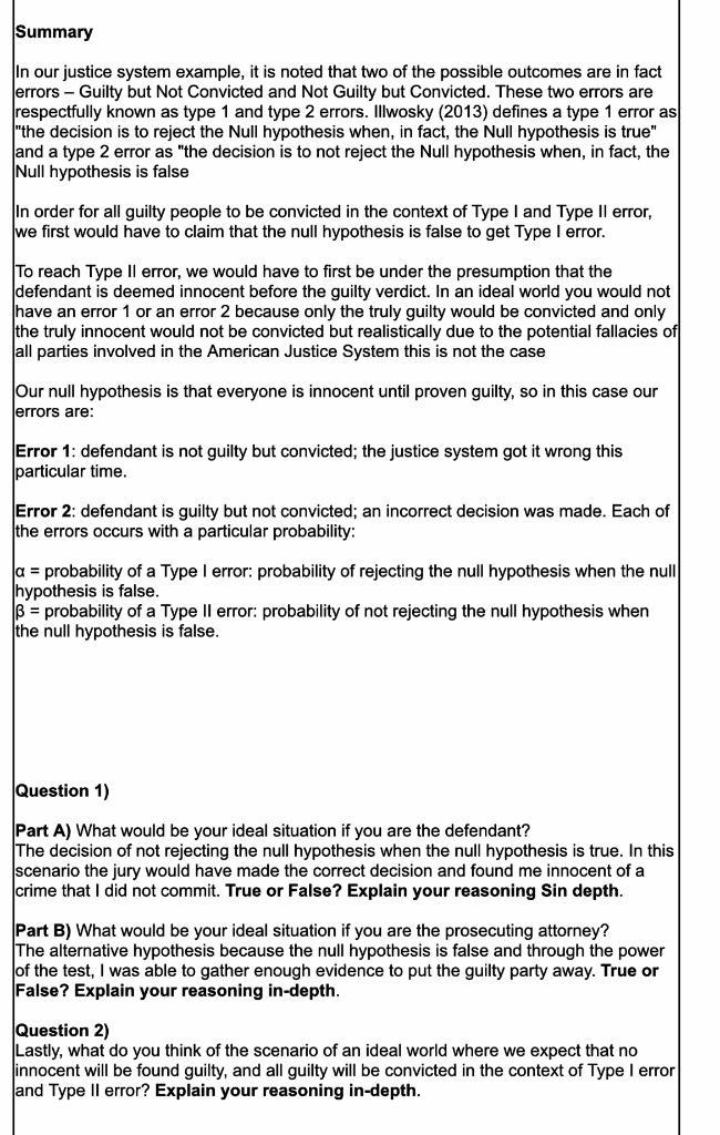 Summary In our justice system example, it is noted | Chegg.com