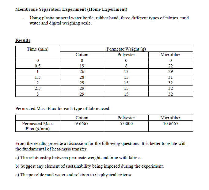 Solved Membrane Separation Experiment (Home Experiment) | Chegg.com