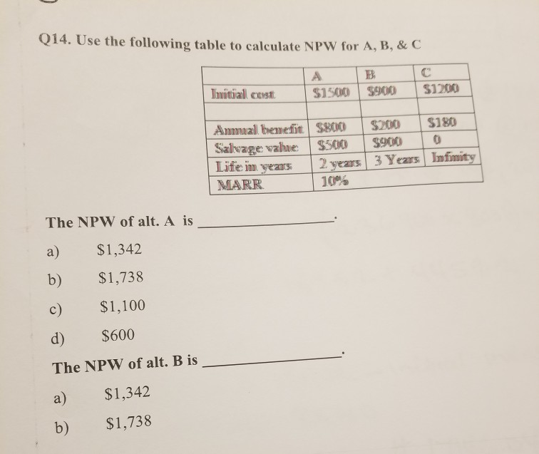 Solved Q1 4. Use the following table to calculate NPW for A, | Chegg.com
