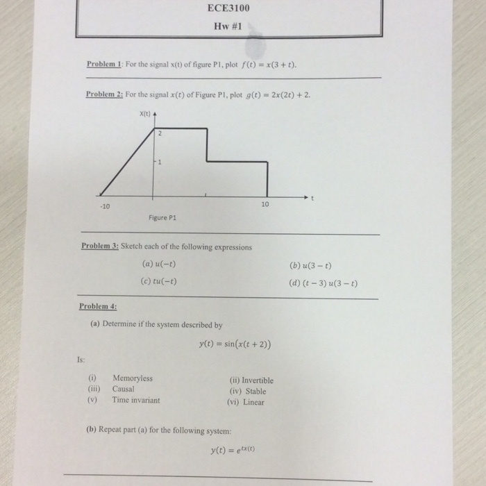 Solved ECE3100 Hw #1 Problem 1: For the signal x(t) of | Chegg.com
