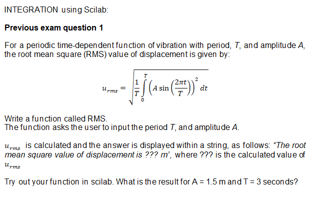 Solved Integration Using Scilab Previous Exam Question 1