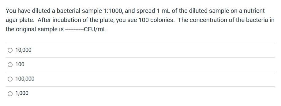 Solved You have diluted a bacterial sample 1:1000, and | Chegg.com