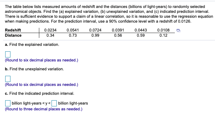 Solved The table below lists measured amounts of redshift | Chegg.com