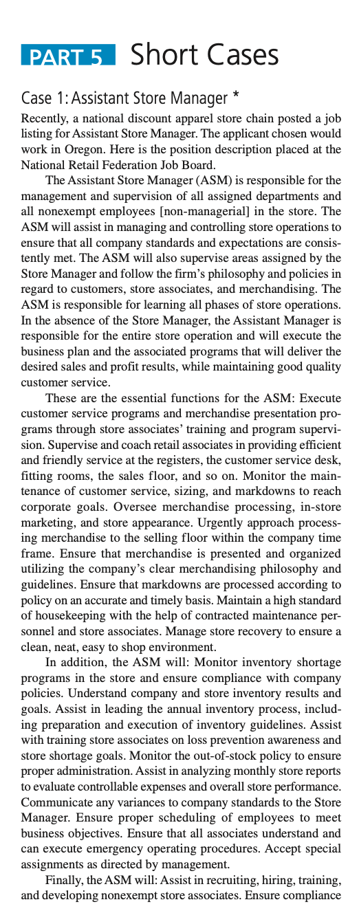 Solved PART 5 Short Cases Case 1: Assistant Store Manager | Chegg.com