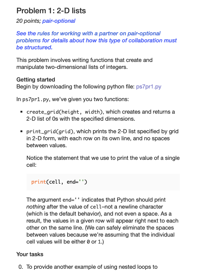 Solved Problem 1: 2-D lists 20 points; pair-optional See the | Chegg.com