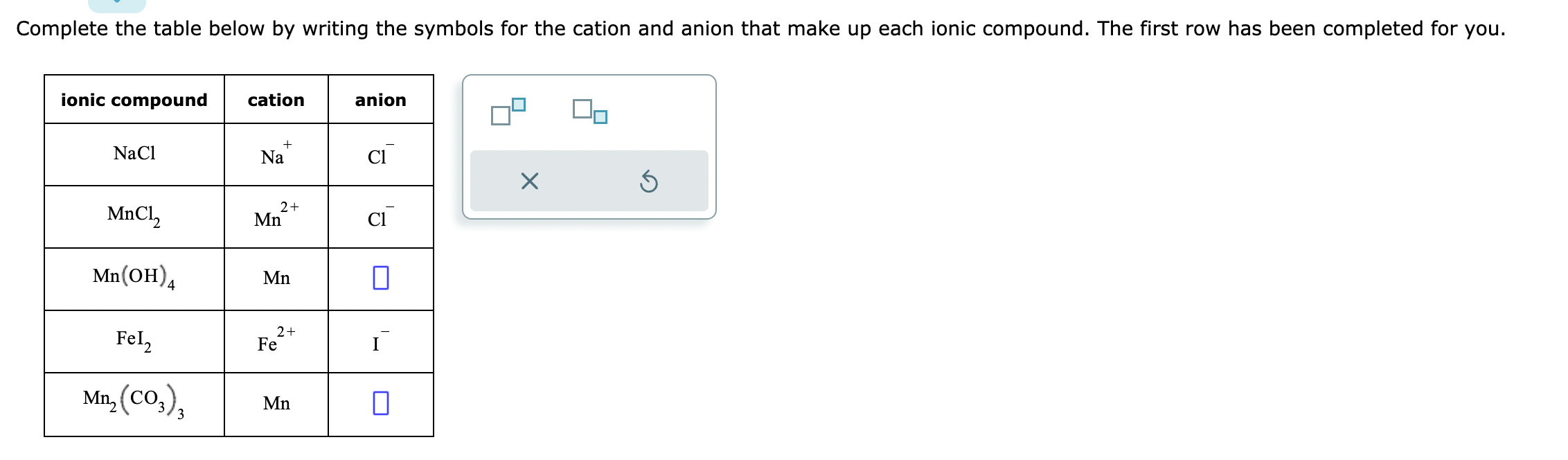 Solved Complete the table below by writing the symbols for | Chegg.com