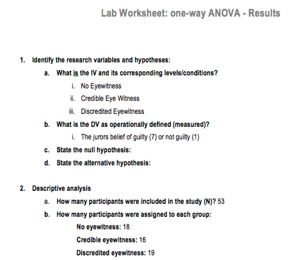 Solved Lab Worksheet: one-way ANOVA -Results 1. Identify the | Chegg.com