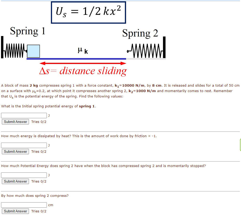 Solved A block of mass 2kg compresses spring 1 with a force | Chegg.com