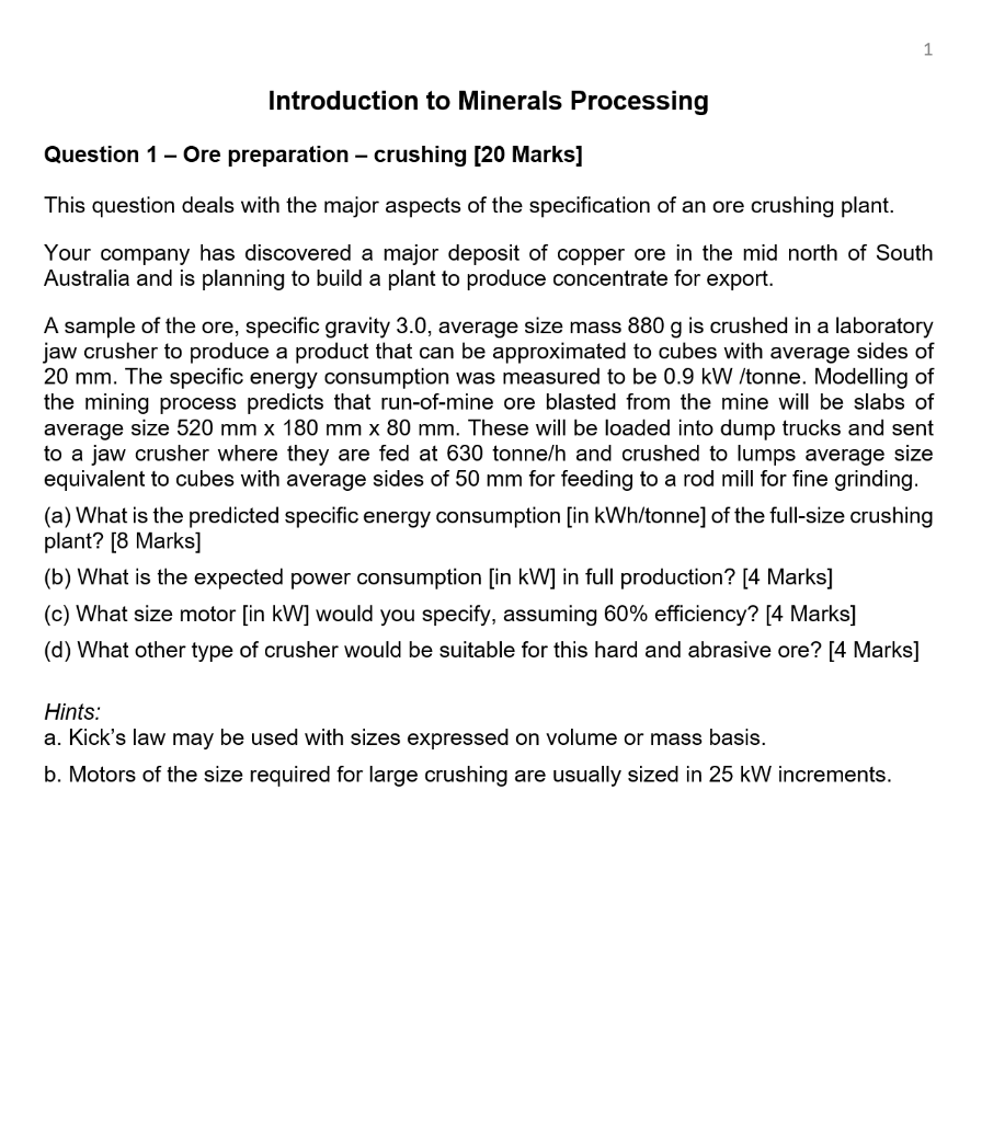 Introduction to Minerals Processing Question 1 - Ore | Chegg.com