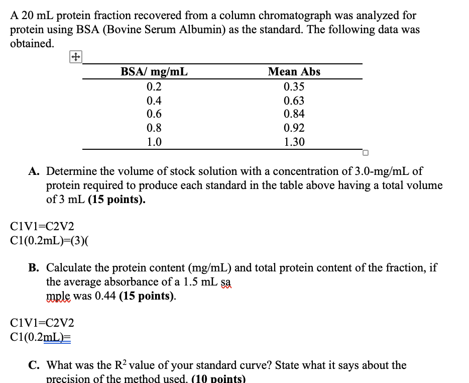 Solved A 20mL ﻿protein fraction recovered from a column | Chegg.com