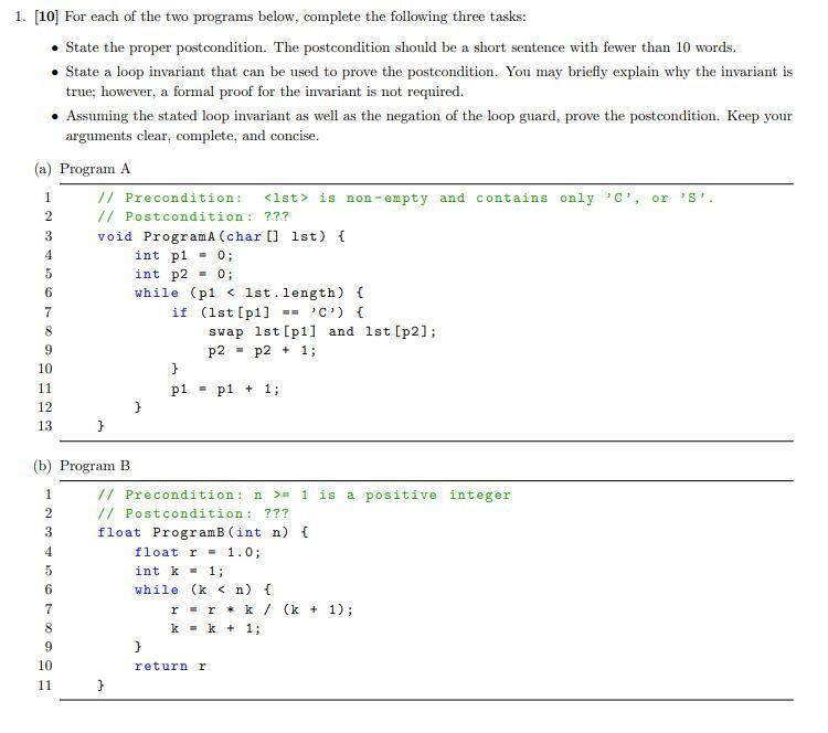 Solved 1. [10] For each of the two programs below, complete | Chegg.com