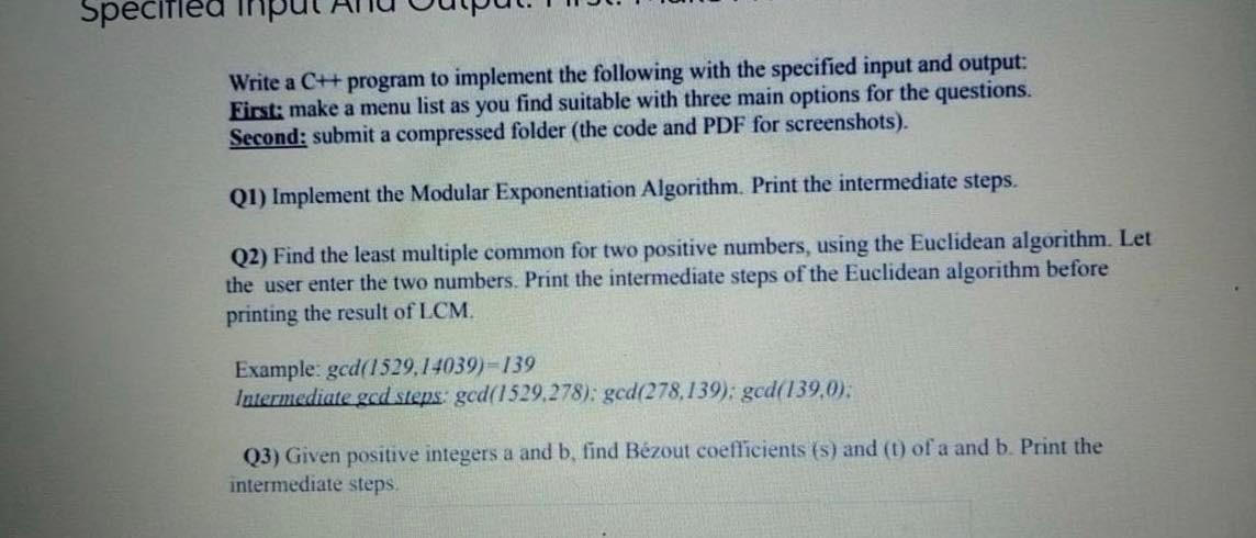 Solved Specified Write a C++ program to implement the | Chegg.com