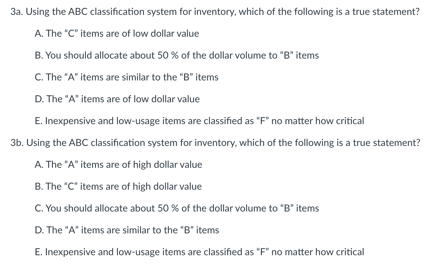Solved 3a. Using the ABC classification system for | Chegg.com