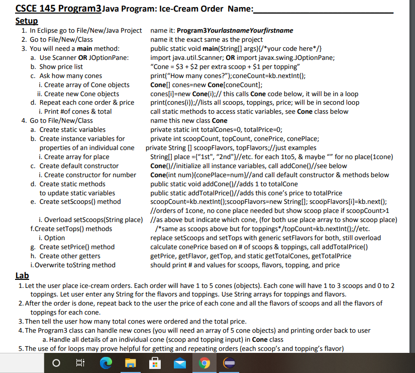 CSCE 145 Program 3 Java Program: Ice-Cream Order | Chegg.com