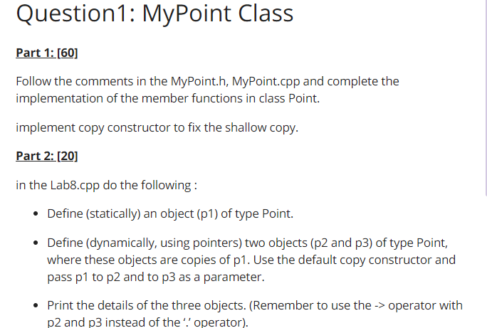 Solved Question1: MyPoint Class Part 1: [60] Follow the | Chegg.com