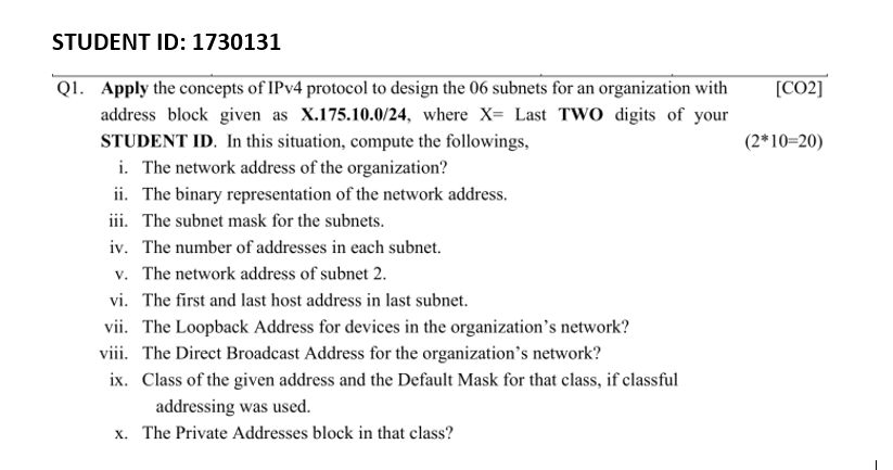 STUDENT ID: 1730131 [CO2] (2*10=20) Q1. Apply the | Chegg.com