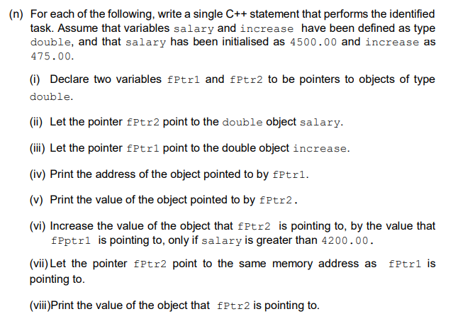 Solved (n) For each of the following, write a single C++ | Chegg.com