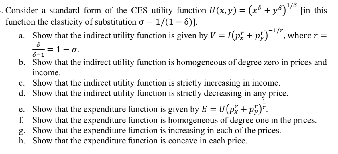 8-1 -. Consider a standard form of the CES utility | Chegg.com