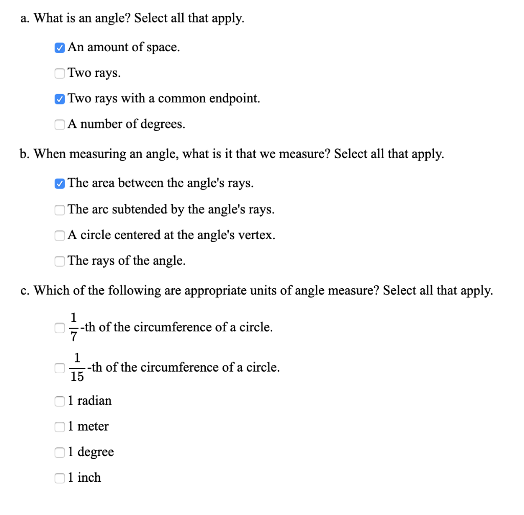 Solved a. What is an angle? Select all that apply An amount | Chegg.com