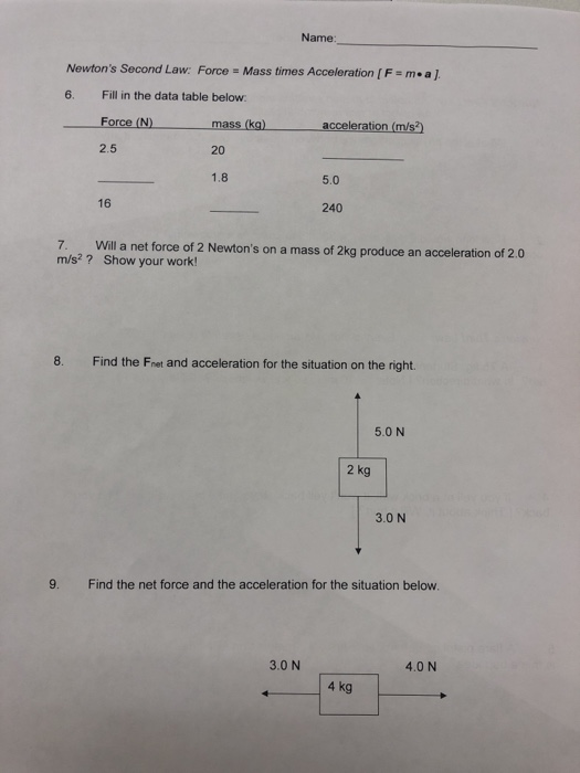 Force Mass Acceleration Worksheet