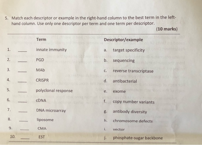 Solved 5. Match each descriptor or example in the right-hand | Chegg.com