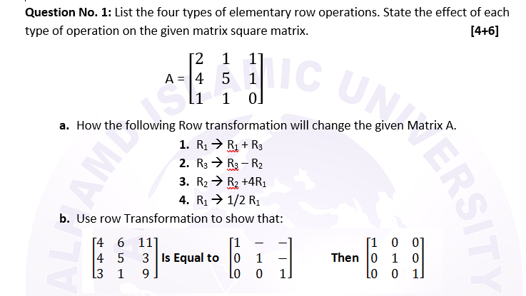 Solved Question No. 1: List the four types of elementary row | Chegg.com