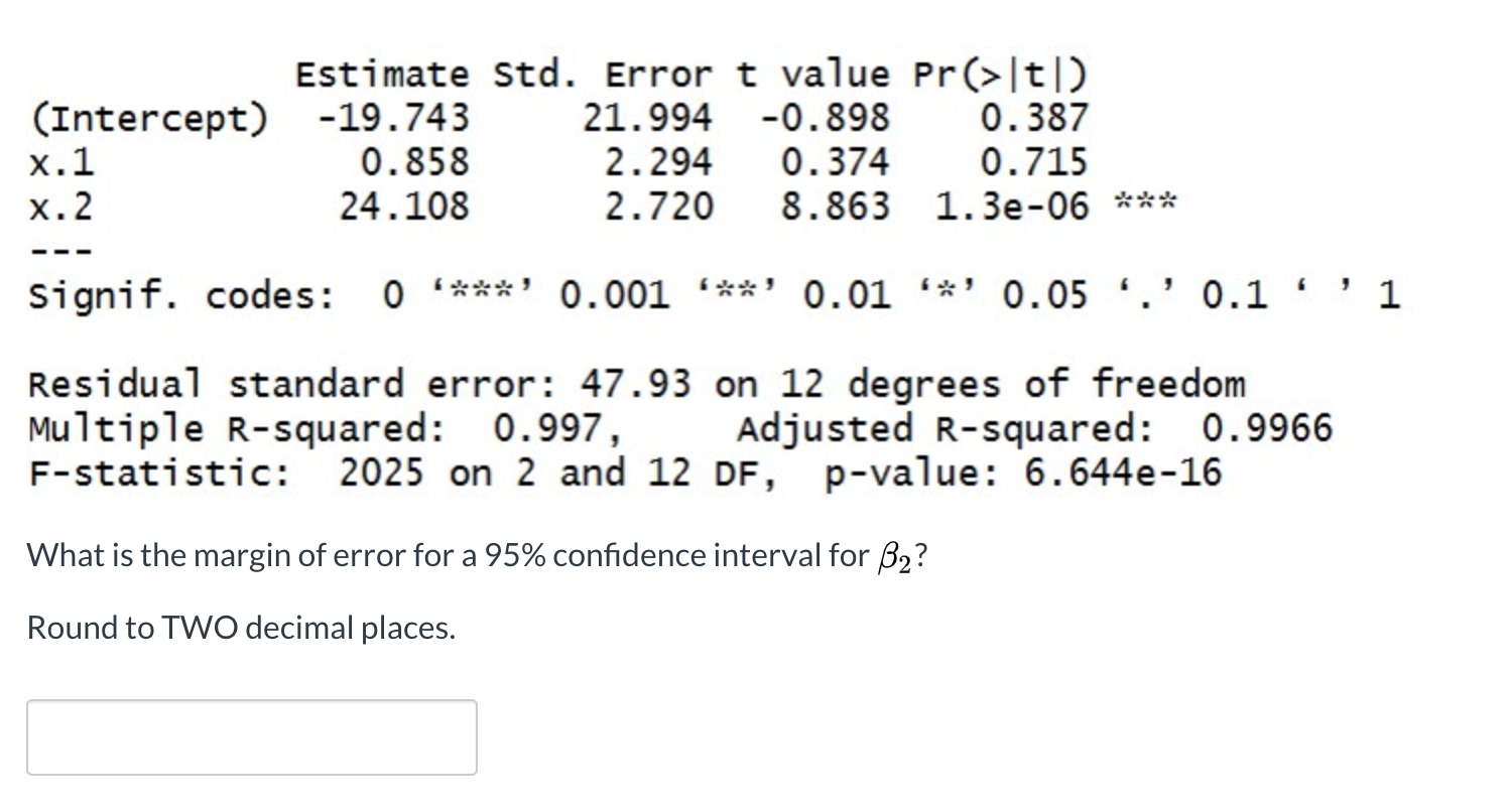 Solved Estimate Std. Error t value Pr(t) (Intercept) -19.743 | Chegg.com