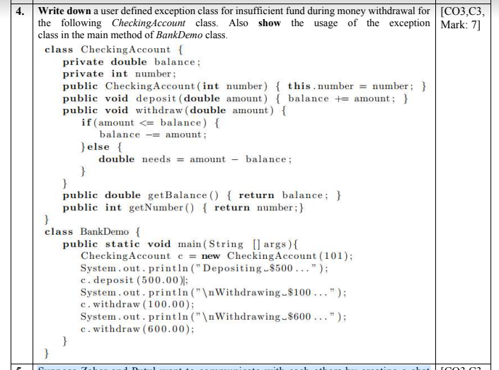 Solved 4. Write down a user defined exception class for | Chegg.com