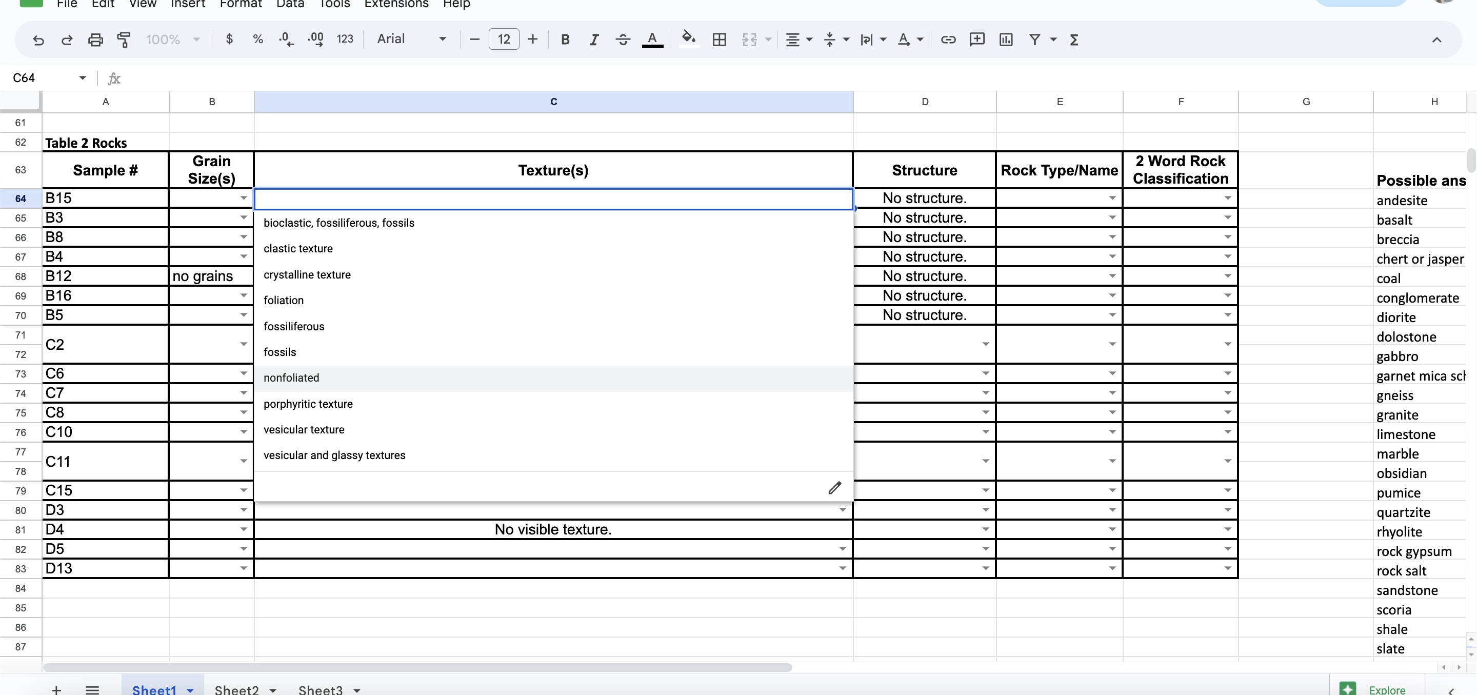 Begin{tabular}{l} Possible Ans Andesite Basalt