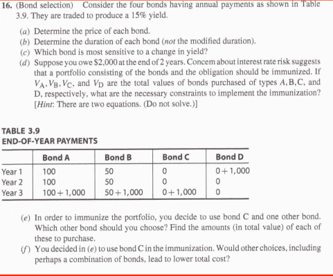 Solved 16. (Bond selection) Consider the four bonds having | Chegg.com