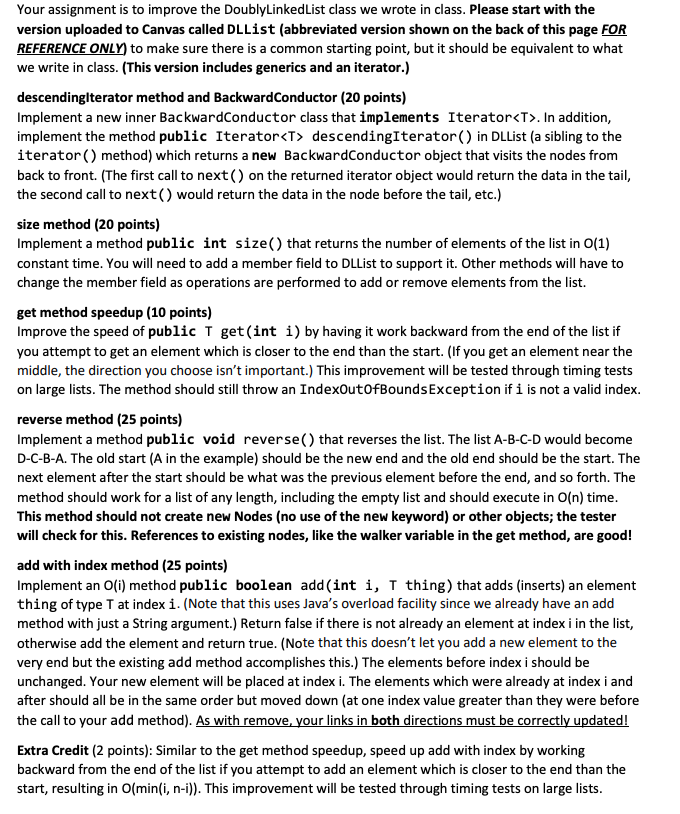 Your assignment is to improve the DoublyLinkedList | Chegg.com