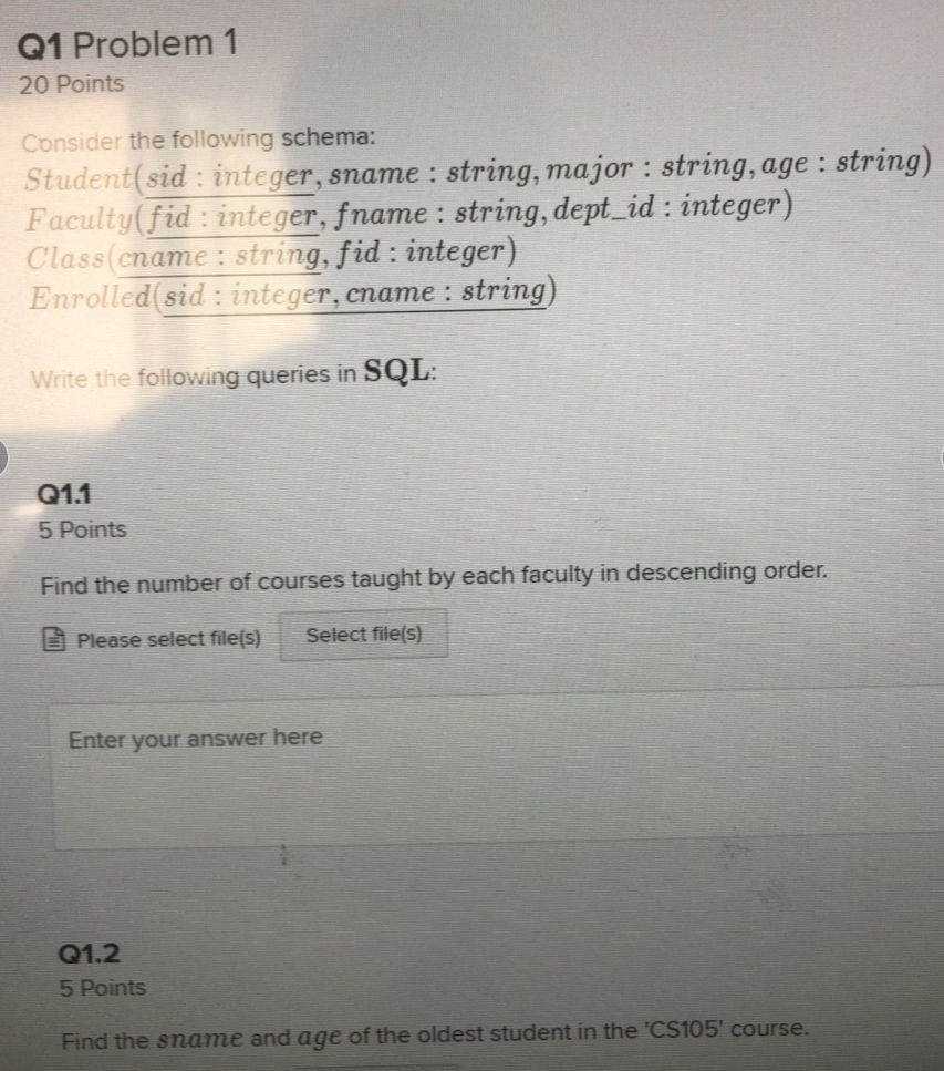 Solved Q1 Problem 1 20 Points Consider the following schema: | Chegg.com