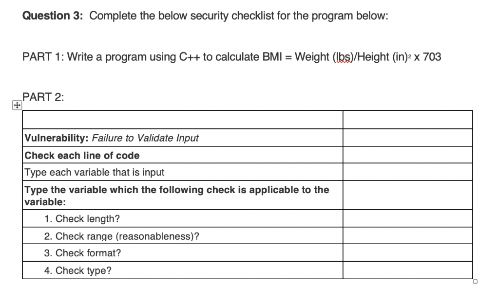 Question 3: Complete the below security checklist for | Chegg.com