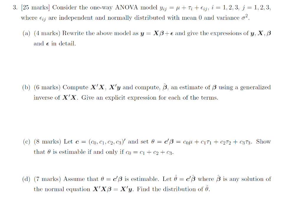 3. [25 marks] Consider the one-way ANOVA model | Chegg.com