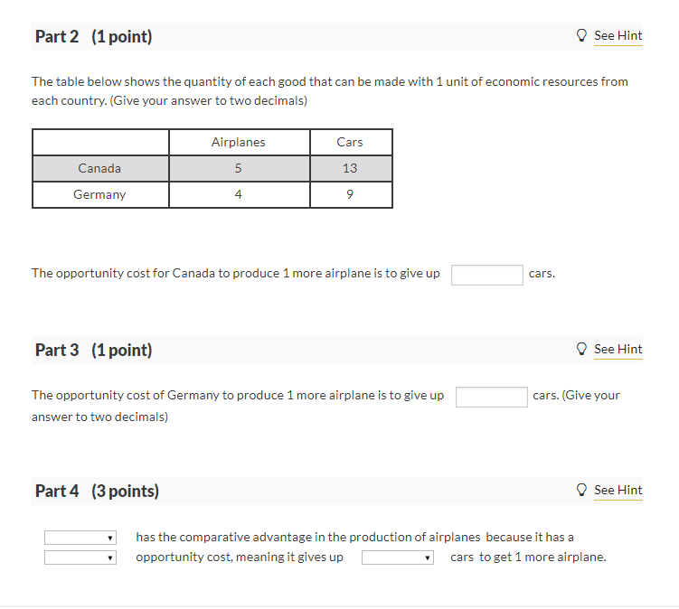 Solved Part 2 (1 point) See Hint The table below shows the | Chegg.com