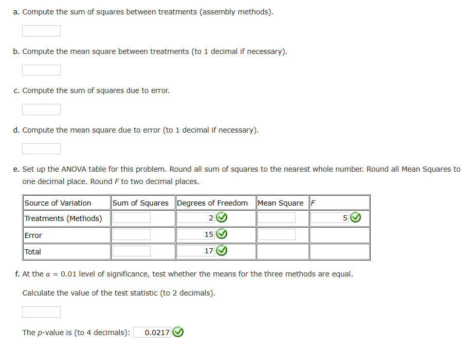 Solved a. Compute the sum of squares between treatments | Chegg.com