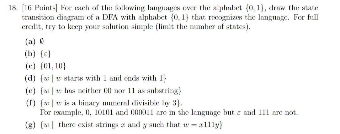 Solved 18. [16 Points] For each of the following languages | Chegg.com