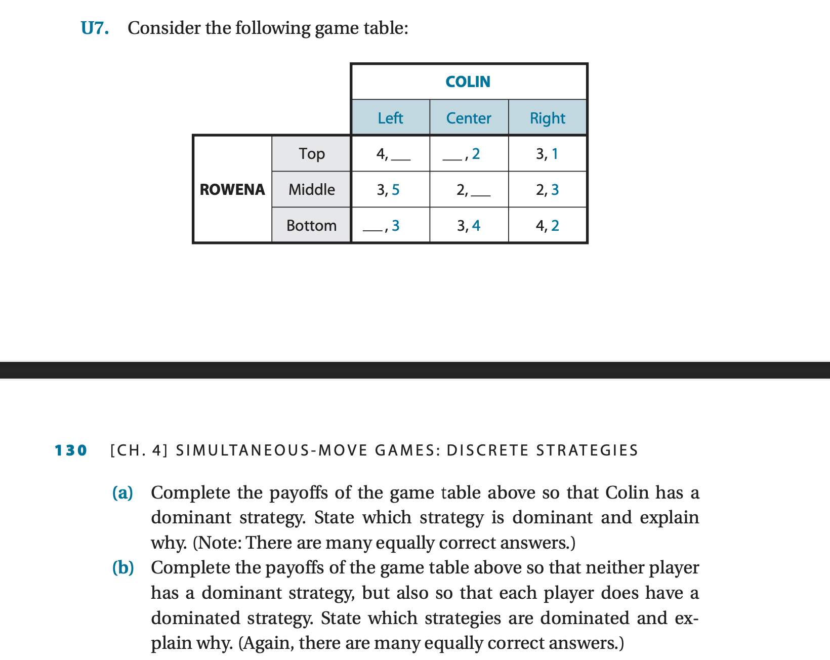 Solved U7. Consider the following game table: 30 [CH. 4] | Chegg.com