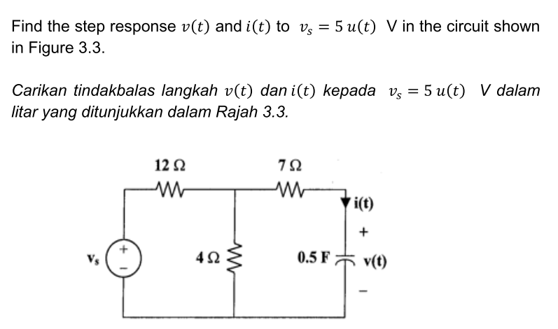 Solved Find the step response v(t) and i(t) to vs=5u(t)∨ in | Chegg.com