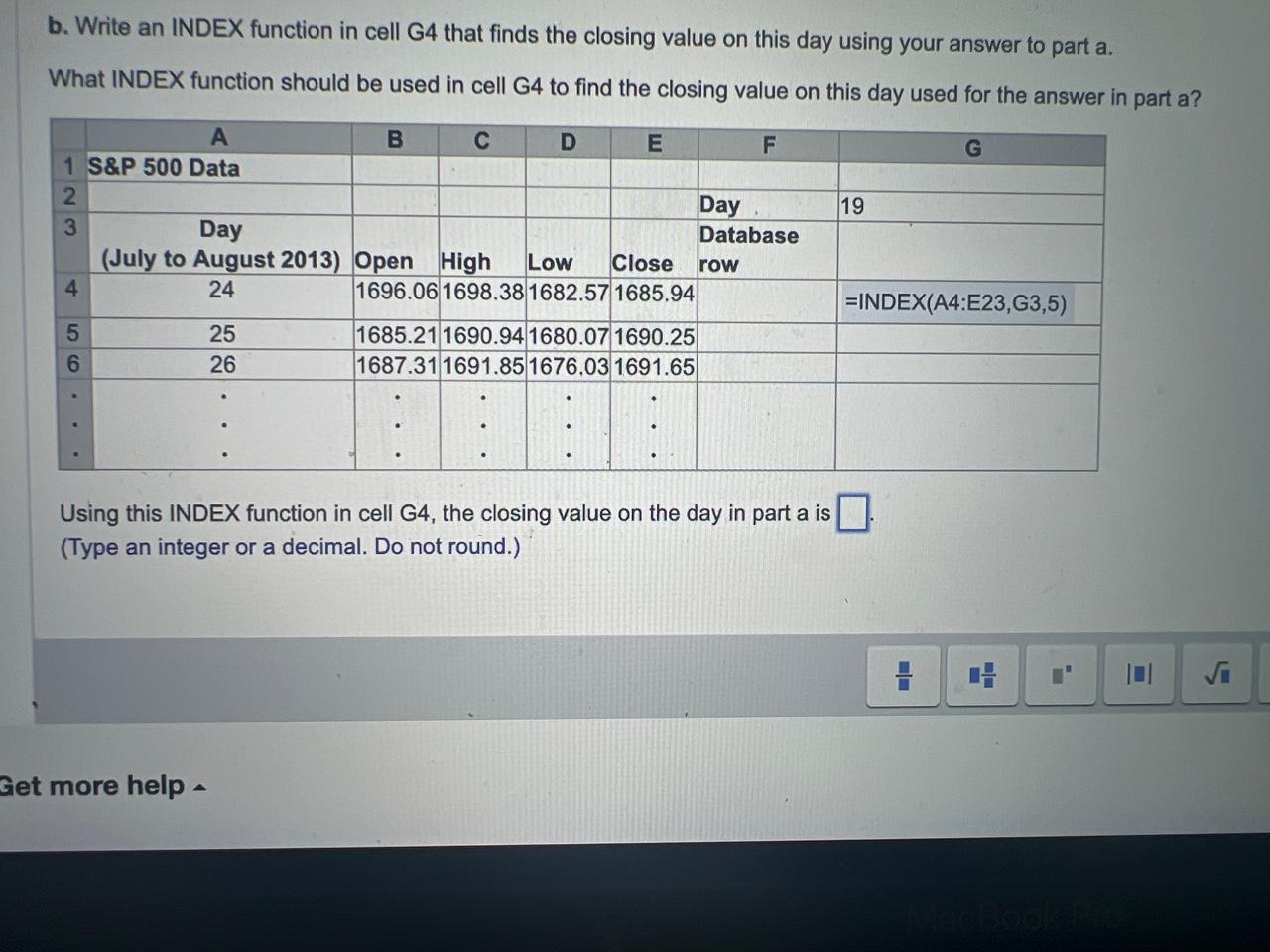 S\&P Index b. Write an INDEX function in cell G4 | Chegg.com