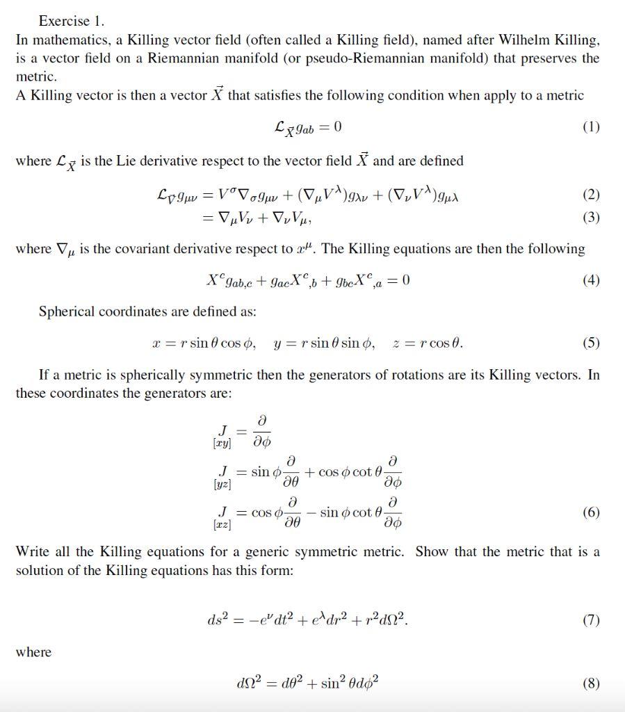 Exercise 1. In mathematics, a Killing vector field | Chegg.com