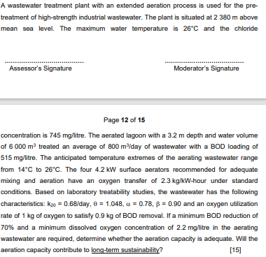 Solved A wastewater treatment plant with an extended | Chegg.com
