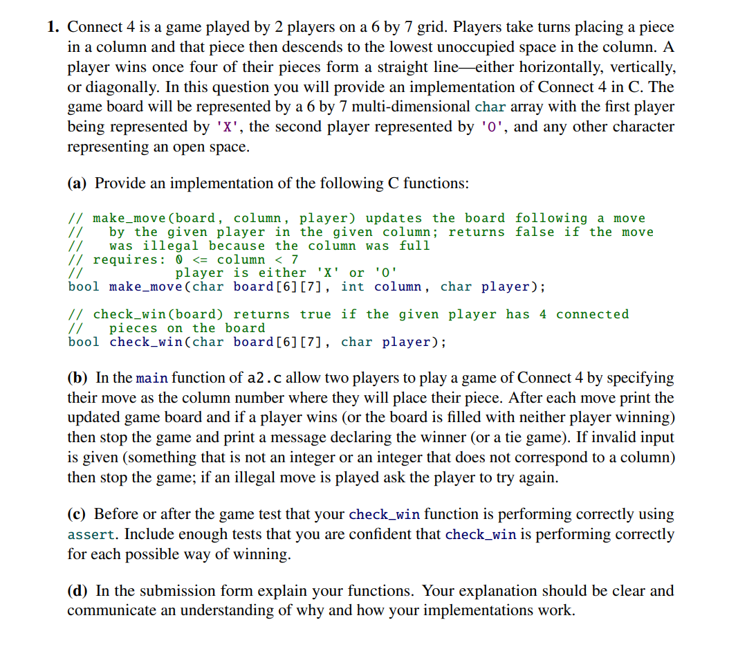 Solved 1. Connect 4 is a game played by 2 players on a 6 by | Chegg.com