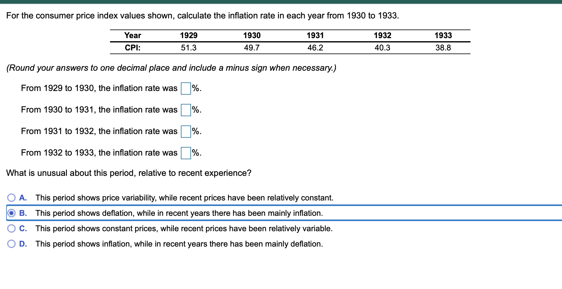 Solved For the consumer price index values shown, calculate | Chegg.com